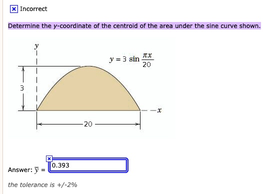 SOLVED: Incorrect Determine the coordinate of the centroid of the area under the sine curve ...
