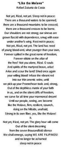 SOLVED: Like the Molave" by Rafael Zulueta da Costa Not yet, Rizal, not ...