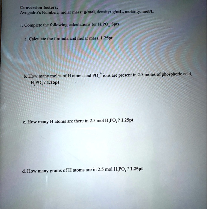 conversion factors avogadro number molar mass gmol density gml molarity ...