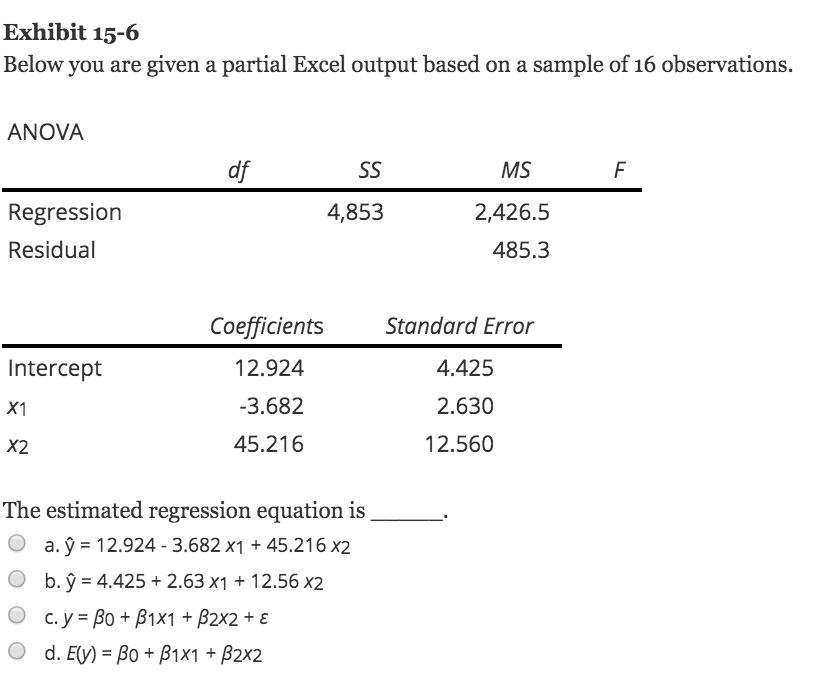 Exhibit 15-6 Below you are given a partial Excel output based on a sample of 16 observations ...