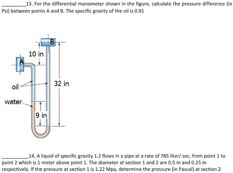 13. For the differential manometer shown in the figure, calculate the pressure difference (in ...
