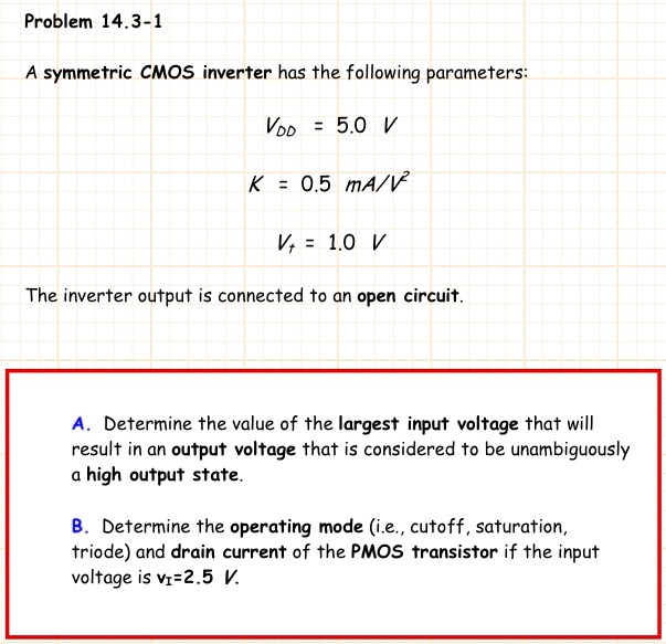 SOLVED: Problem 14.3-1 A symmetric CMOS inverter has the following ...