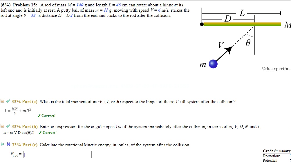 Problem 15: A rod of mass MV = 140 g and length L = 46 cm can rotate ...