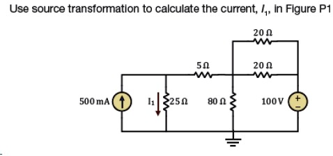 SOLVED: Use source transformation to calculate the current, I, in Figure P. 20 Î© 5 Î© 20 Î© 500 ...