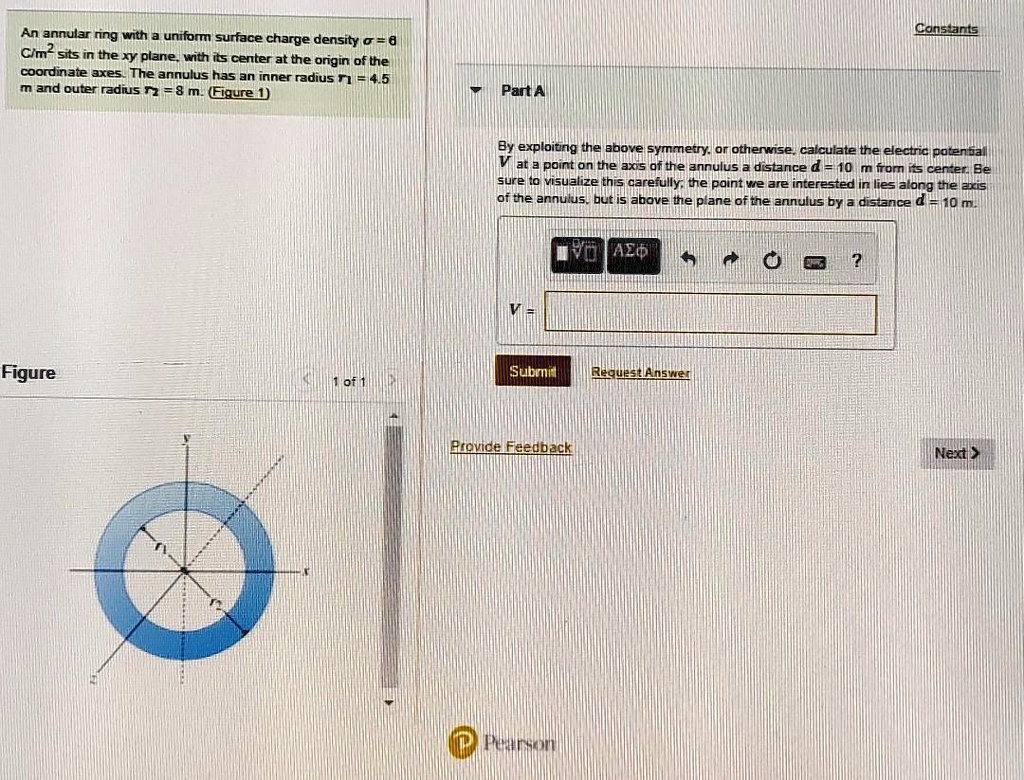 An annular ring with a uniform surface charge density σ = 6 C/m^2 sits in the xy plane, with its ...
