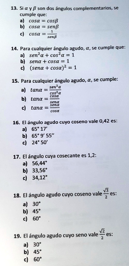 SOLVED: Angulos Agudos y Complementarios 13. Si a y B son dos ángulos ...