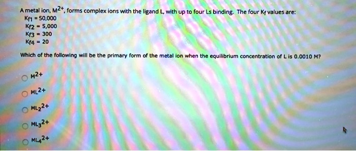 A metal ion, M^2+, forms complex ions with the ligand L, with up to ...