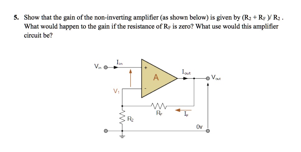 SOLVED: 5. Show that the gain of the non-inverting amplifier (as shown below) is given by (R2 ...