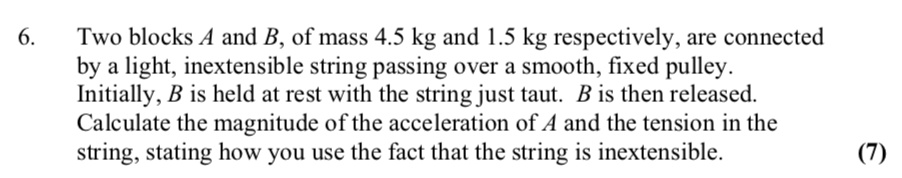 Two blocks A and B, of mass 4.5 kg and 1.5 kg respectively, are connected by a light ...