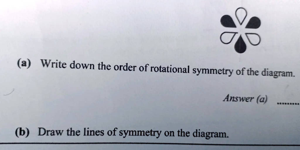 (a) Write down the order of rotational symmetry of the diagram: Answer (a) (b) Draw the lines of ...
