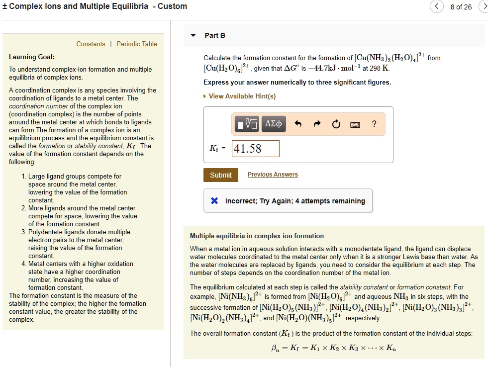 SOLVED:*Complex Ions and Multiple Equilibria Custom 8 0f 26 Pant B ...