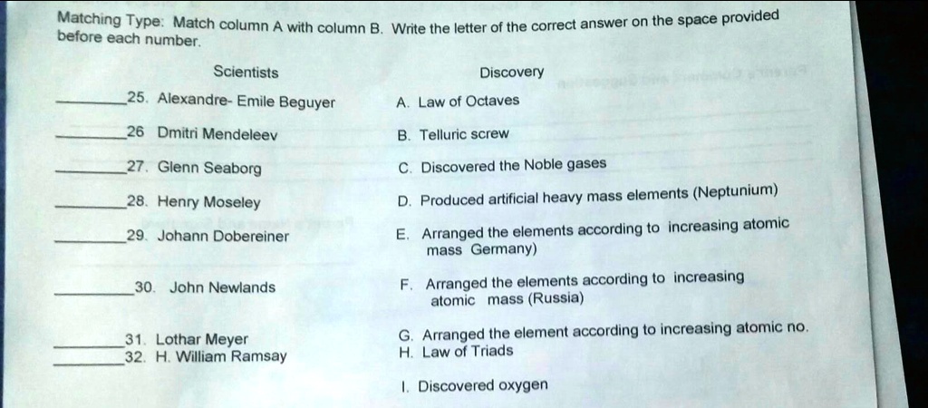 SOLVED: 'patulong po sa science Matching Type: Match column A with ...