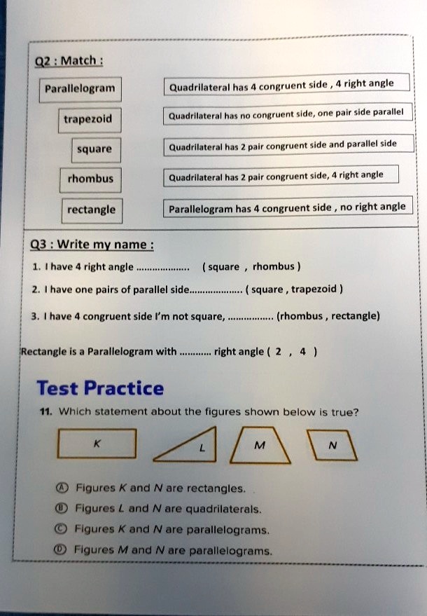 SOLVED: 02 Match Parallelogram QuadrIlateral has congruent side 4 right ... SOLVED: 02 Match Parallelogram QuadrIlateral has congruent side 4 right ...