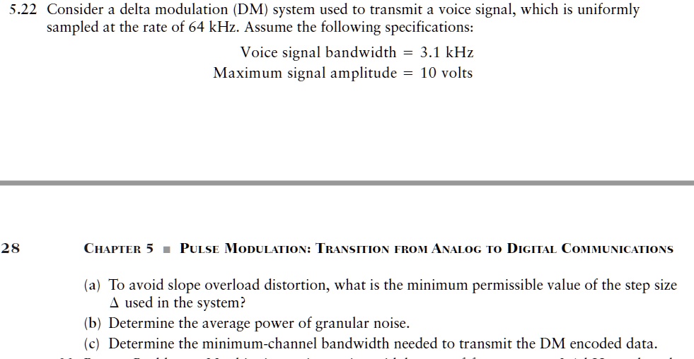 SOLVED: 5.22 Consider a delta modulation (DM) system used to transmit a voice signal, which is ...