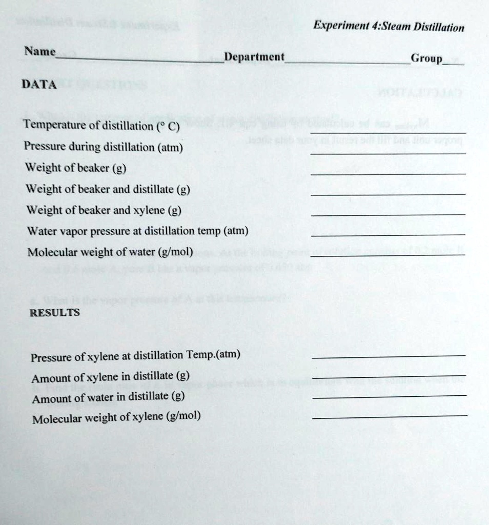 SOLVED: Experiment 4: Steam Distillation Name: Department: Group: DATA ...