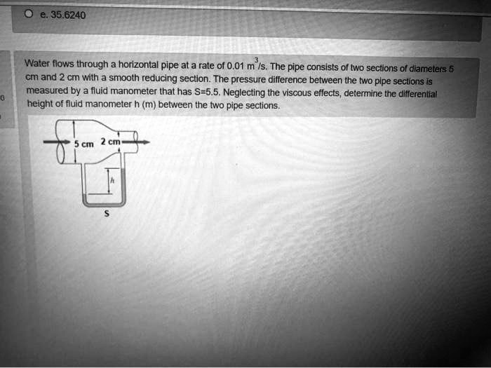 e. 35.6240 Water flows through a horizontal pipe at a rate of 0.01 m^3/s. The pipe consists of ...