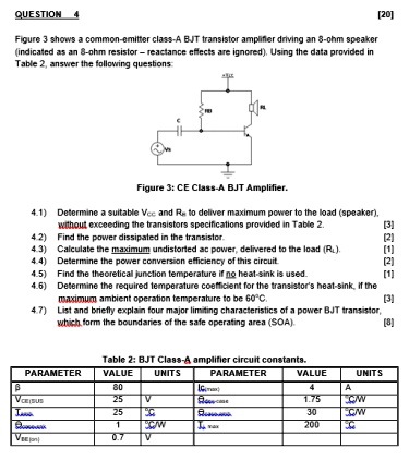 SOLVED: QUESTION 4 [20] Figure 3 shows a common-emitter class-A BJT ...