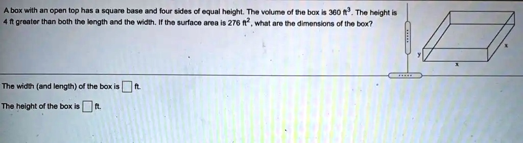SOLVED: Abox with an open lop has a square base and four sides of equal ...