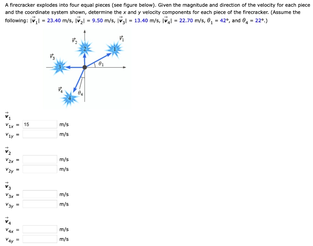 A firecracker explodes into four equal pieces (see figure below). Given ...