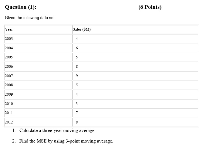 SOLVED: Question (1): Points) Given the following data set: Year Sale: (SM) 2003 2004 200s 2006 ...