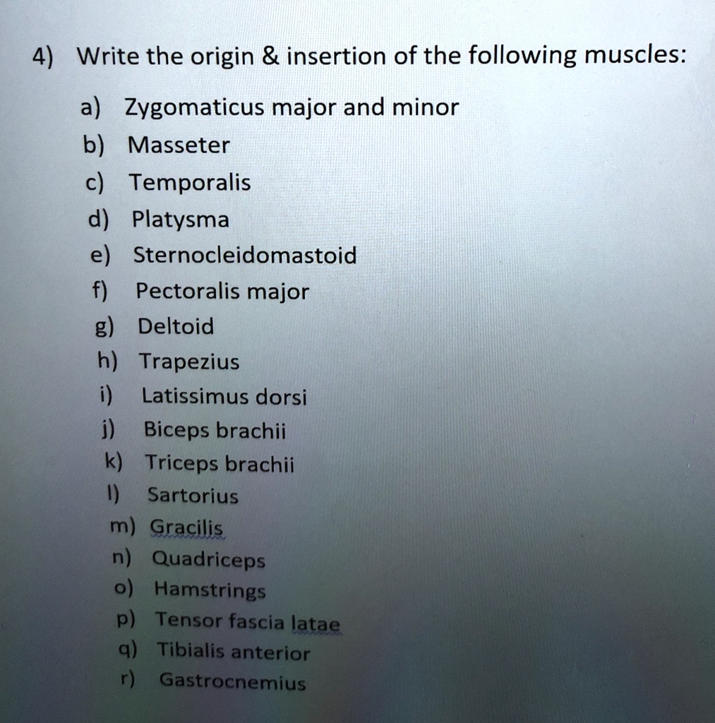 SOLVED: Please provide the answer. 4) Write the origin insertion of the ...