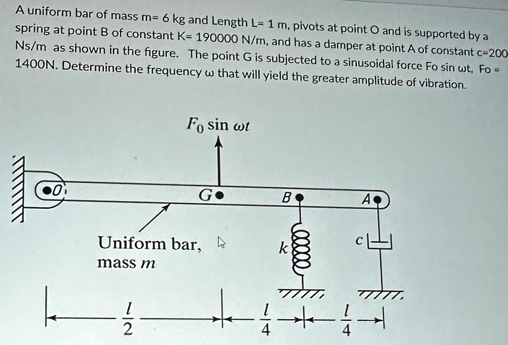 a uniform bar of mass m 6 kg and length l 1 m pivots at point o and is supported by a spring at ...