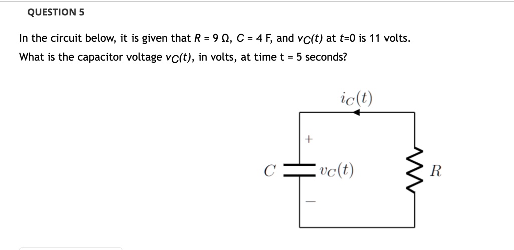 SOLVED: QUESTION 5 In the circuit below, it is given that R = 9 Q, C = 4 F, and vc(t) at t=0 is ...