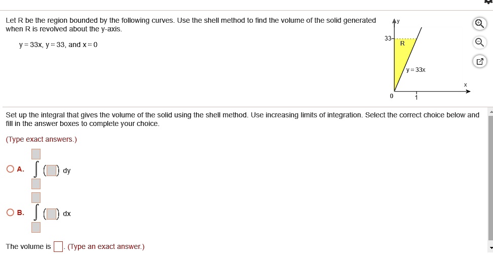 SOLVED: Let R be the region bounded by the following curves. Use the shell method find the ...