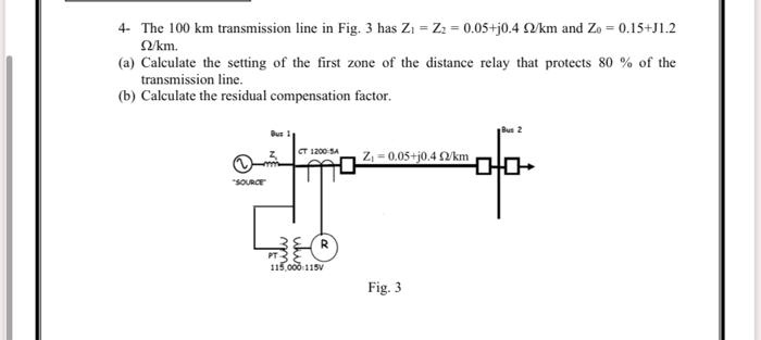 4- The 100 km transmission line in Fig. 3 has Z1 = Z2 = 0.05+j0.4 Ω/km ...