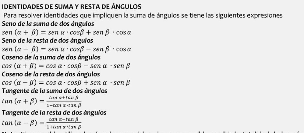 SOLVED: identidades de suma y resta de ángulos IDENTIDADES DE SUMA Y ...
