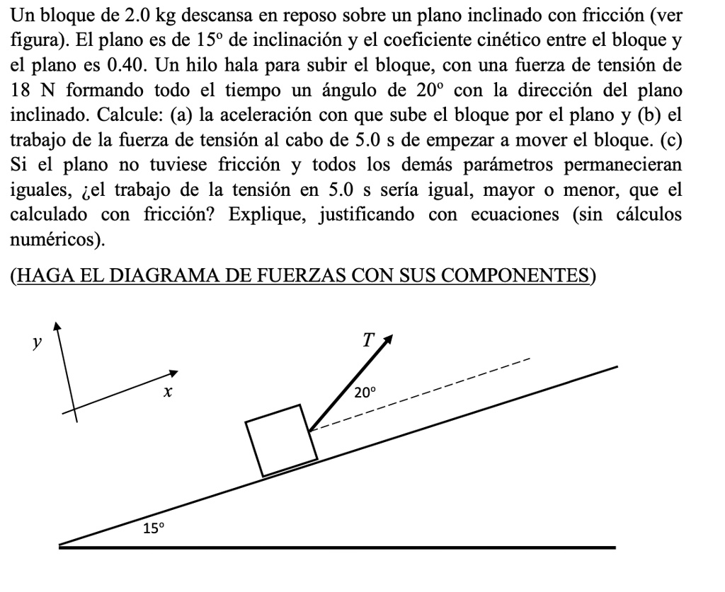 Un bloque de 2.0 kg descansa en reposo sobre un plano inclinado con fricción (ver figura). El ...