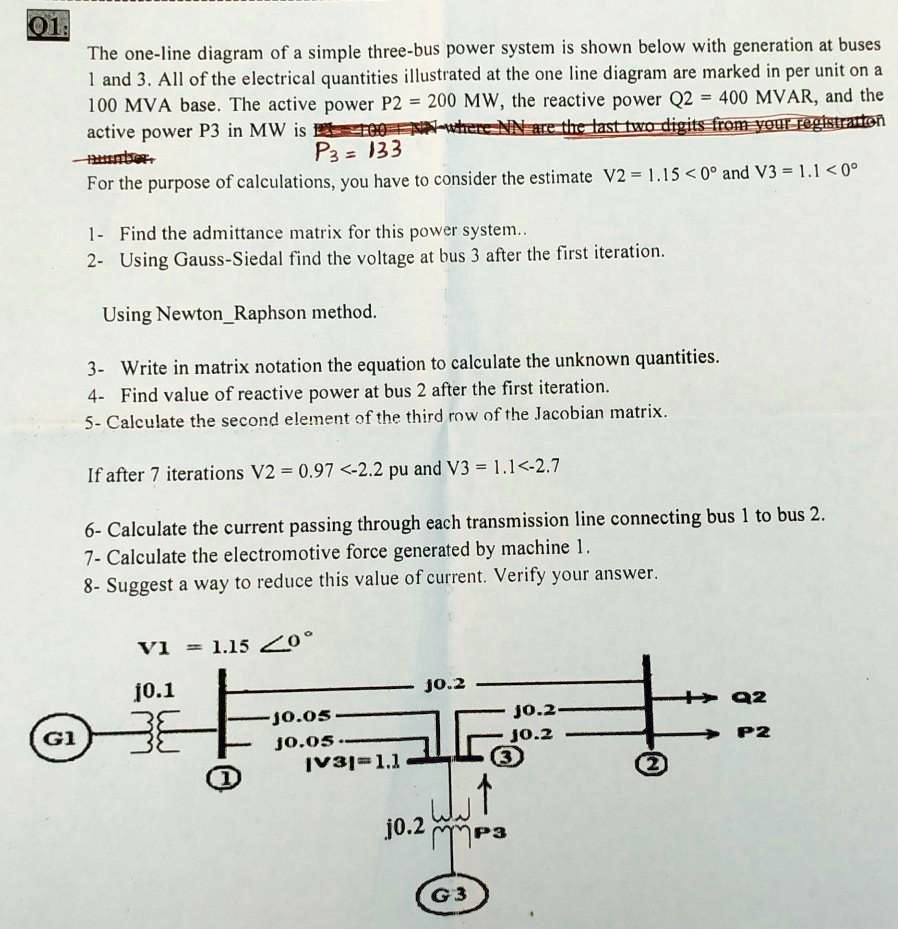 The one-line diagram of a simple three-bus power system is shown below with generation at buses ...