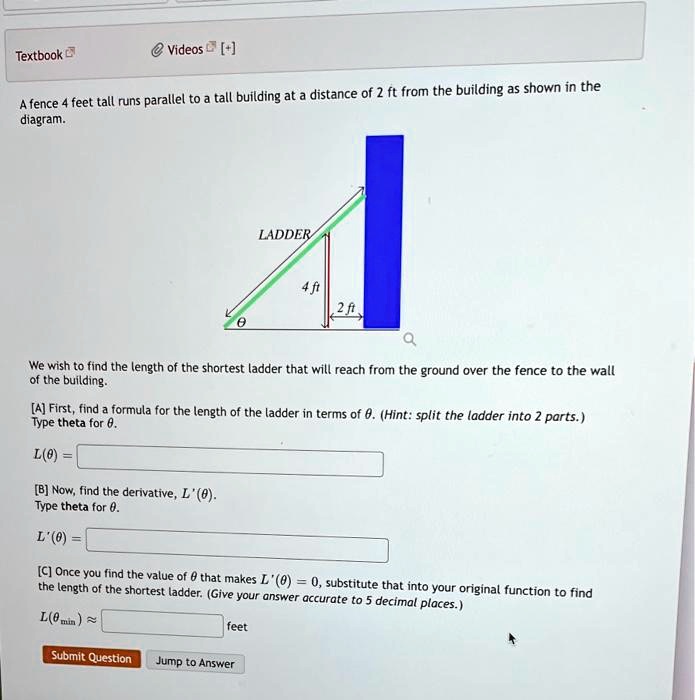 SOLVED: Textbook Videos[] A fence 4 feet tall runs parallel to a tall ...