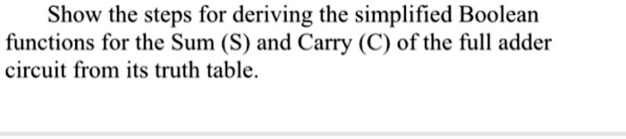 SOLVED: Show the steps for deriving the simplified Boolean functions for the Sum (S) and Carry ...