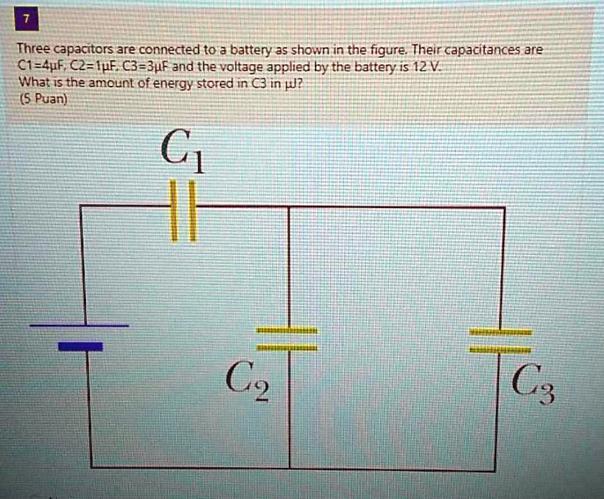SOLVED: Three capacitors are connected to a battery as shown in the figure. Their capacitances ...