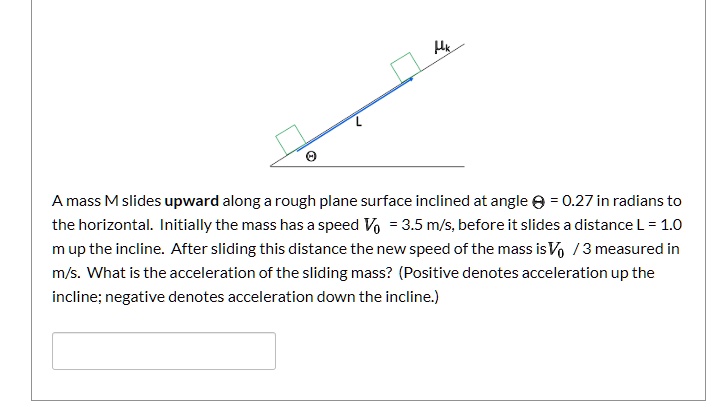 SOLVED: Amass M slides upward along rough plane surface inclined at angle 0.27 in radians to the ...