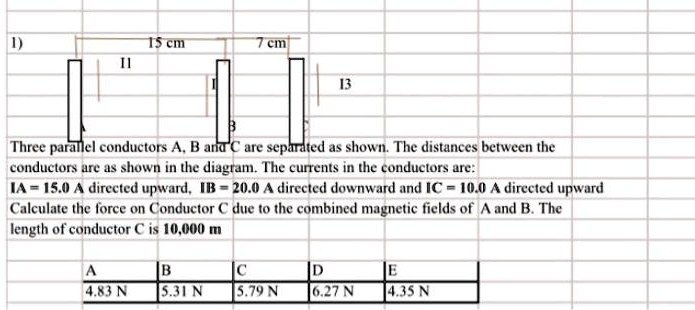 SOLVED: 15 cm 7 cm 13 cm Three parallel conductors A, B, and C are ...