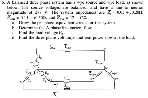 6. A balanced three phase system has a wye source and wye load, as shown below. The source ...