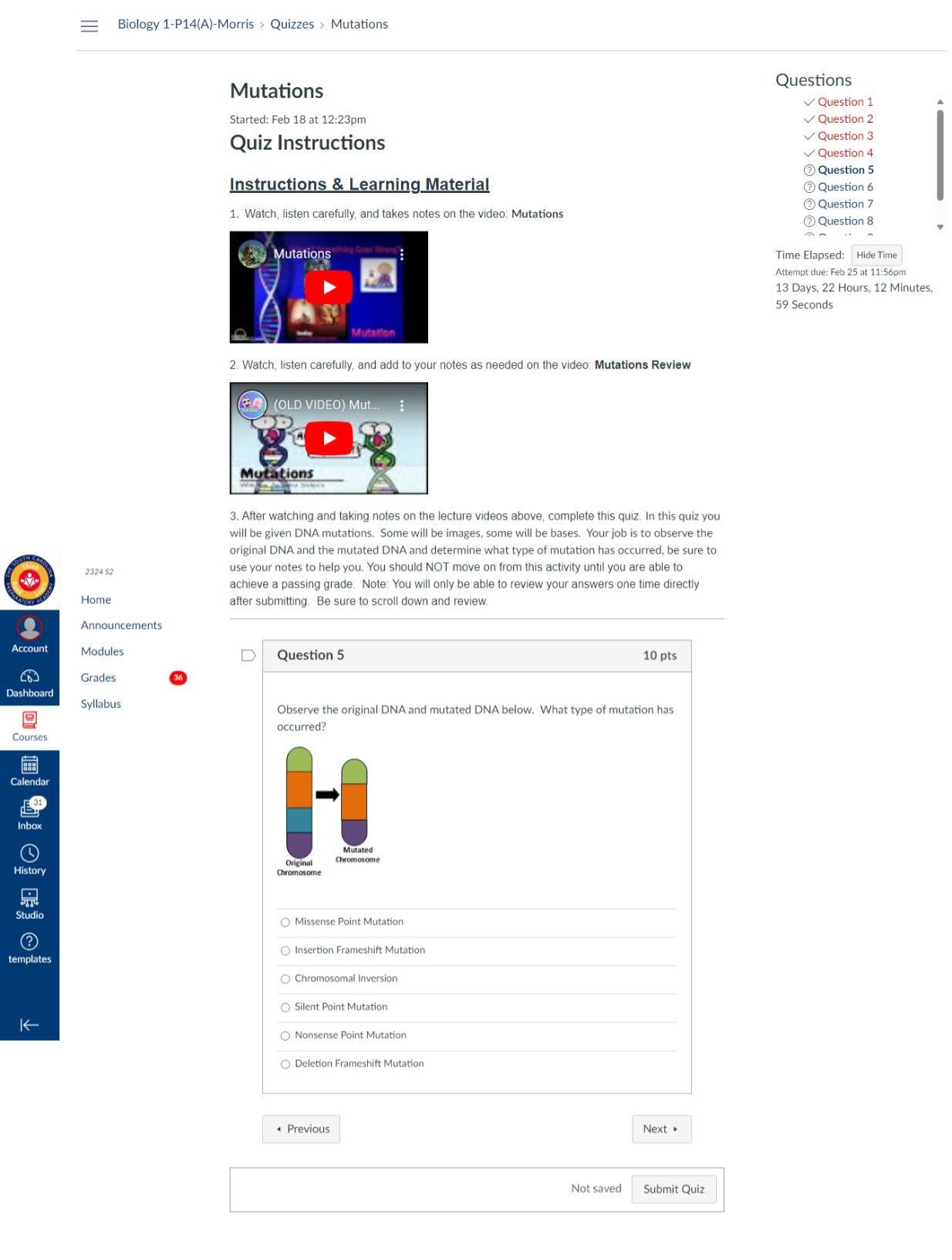 SOLVED: Biology 1-P14(A)-Morris > Quizzes > Mutations Mutations Started ...
