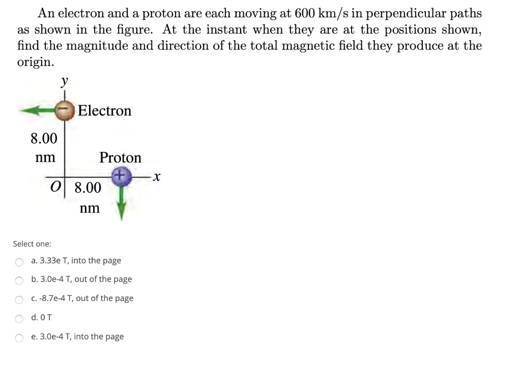 An electron and proton are each moving at 600 km/s in perpendicular ...