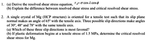 SOLVED: (b) Explain the difference between resolved shear stress and ...