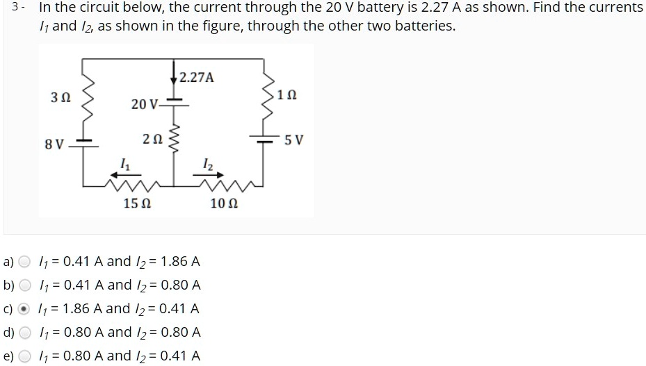 SOLVED:3 - In the circuit below, the current through the 20 V battery is 2.27 A as shown: Find ...