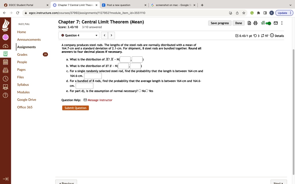 SOLVED: EGCC Student Portal Chapter 7: Central Limit Theorem Post a new question Screenshot on ...