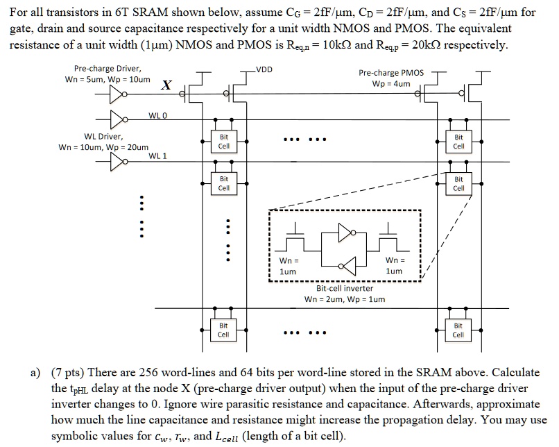 For all transistors in 6T SRAM shown below, assume CG = 2fF/µm, CD ...