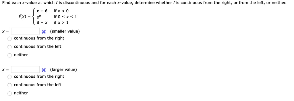 SOLVED: Find each X-value at which f is discontinuous and for each x-value determine whether is ...