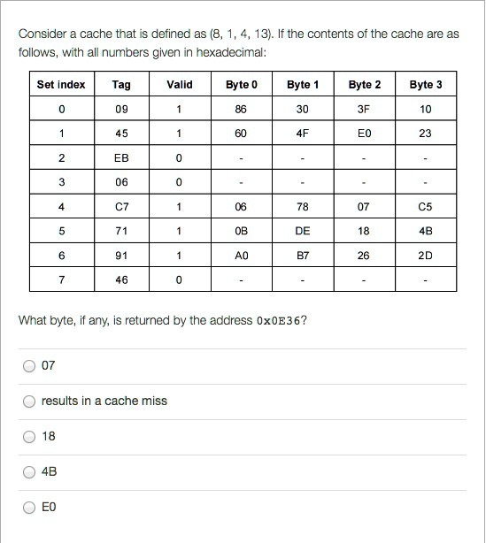 SOLVED: Consider a cache that is defined as 8, 1, 4, 13. If the ...