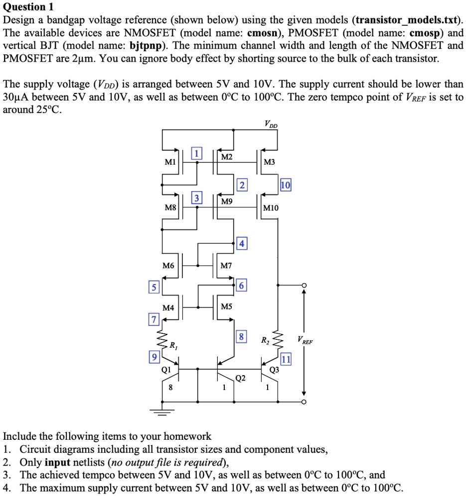 SOLVED: Question 1: Design a bandgap voltage reference (shown below) using the given models ...