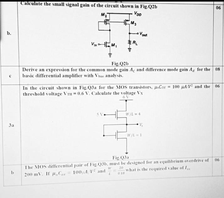 b. Calculate the small signal gain of the circuit shown in Fig.Q2b M2 VinM1 VDO M3 Yout RL 06 ...