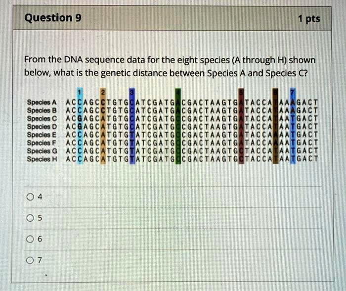 Question 9 1 pts From the DNA sequence data for the eight species (A ...