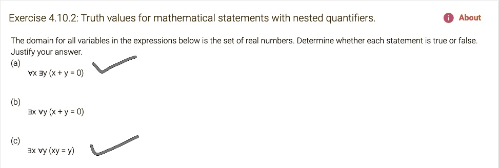 SOLVED: Exercise 4.10.2: Truth values for mathematical statements with nested quantifiers. About ...